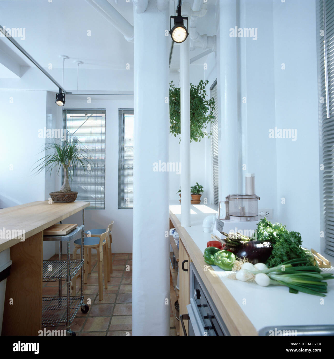 Vegetables on worktop beside support pillar in modern white city ...