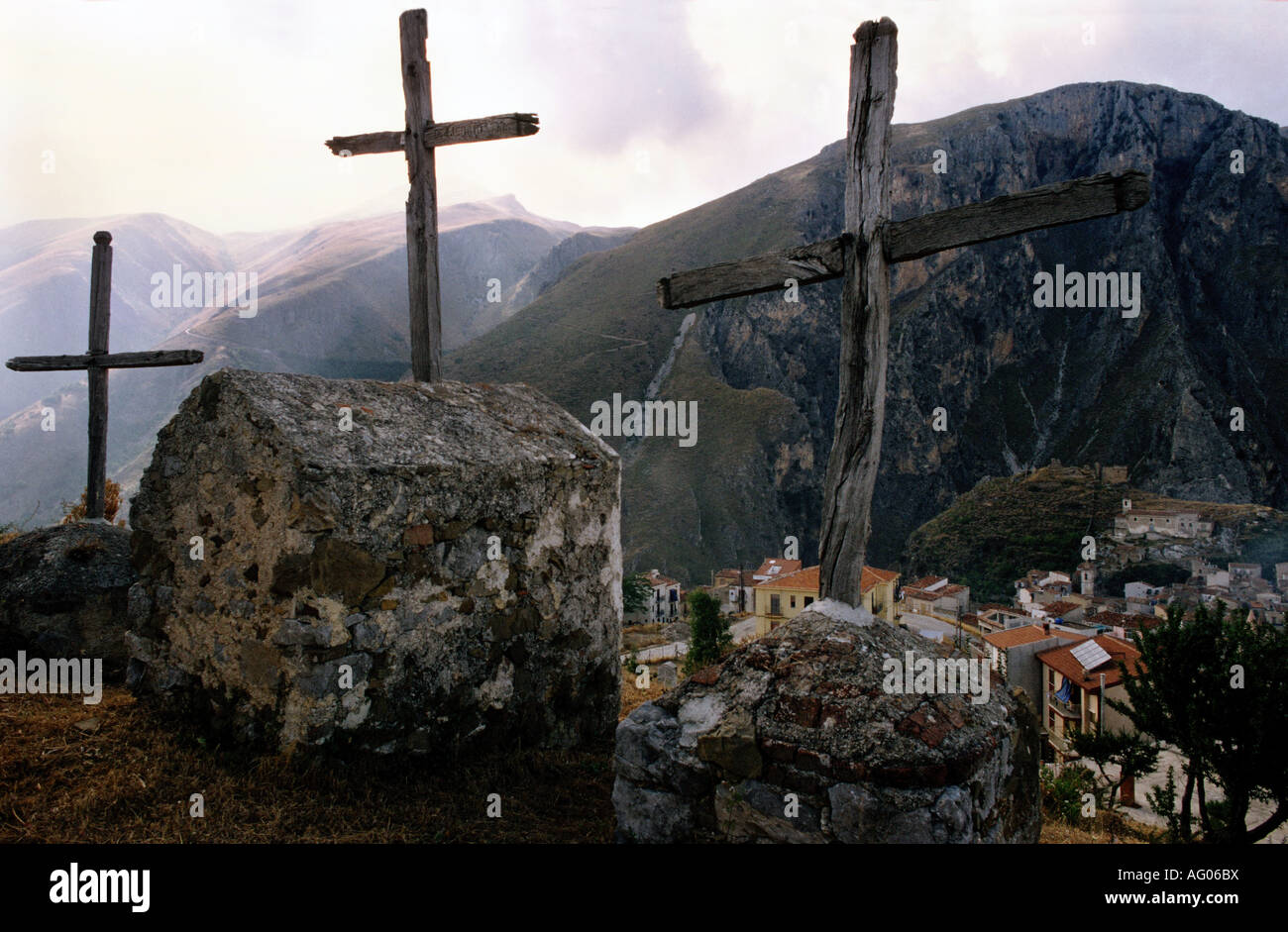 Three wooden crosses over the Sicilian village of Corleone, Sicily ...