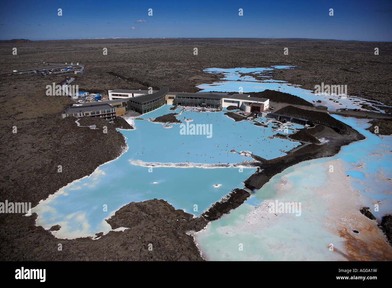 Aerial expanded Blue Lagoon, Geothermal hot spring and spa, Iceland ...