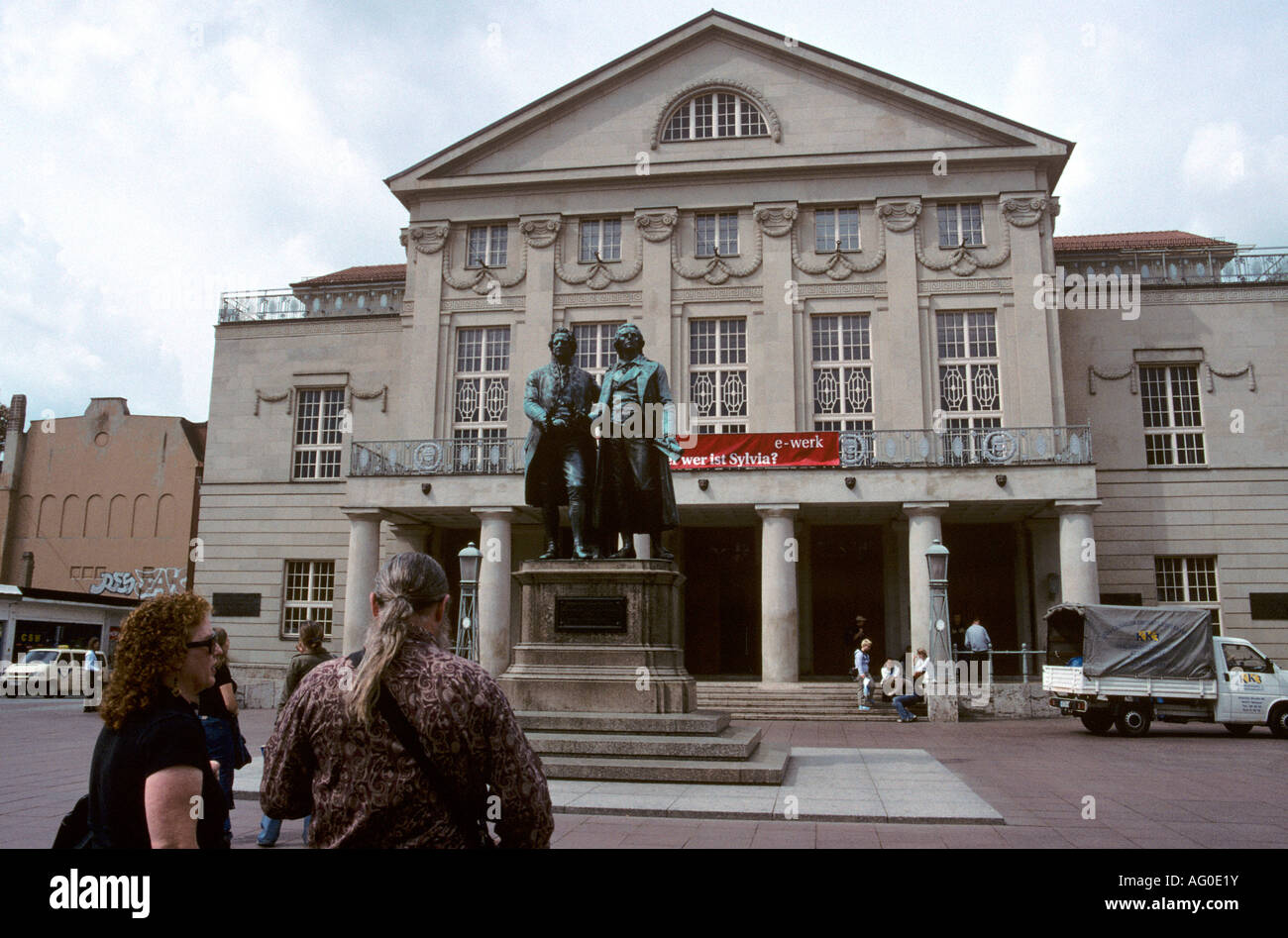 Theater Plaza. Weimar, Germany. Statue of Goethe and Schiller in front ...