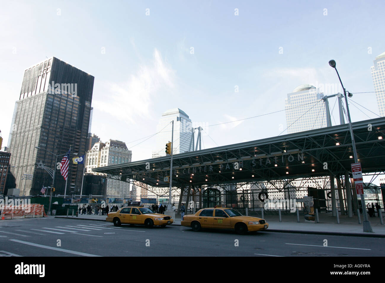 entrance to the rebuilt path train station ground zero world trade center site with demolishing ...