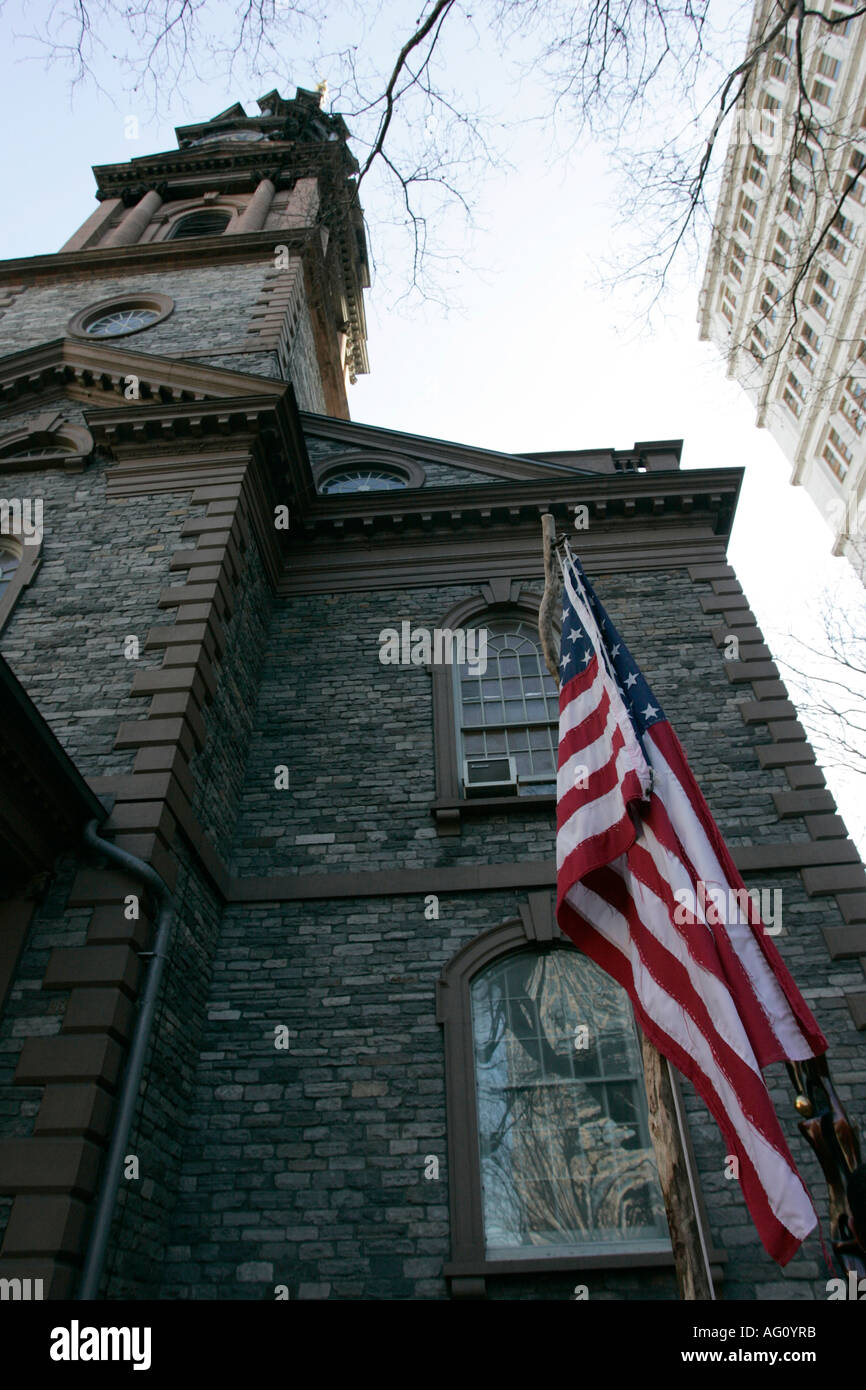 US flag flying outside St Pauls Chapel ground zero new york city new ...