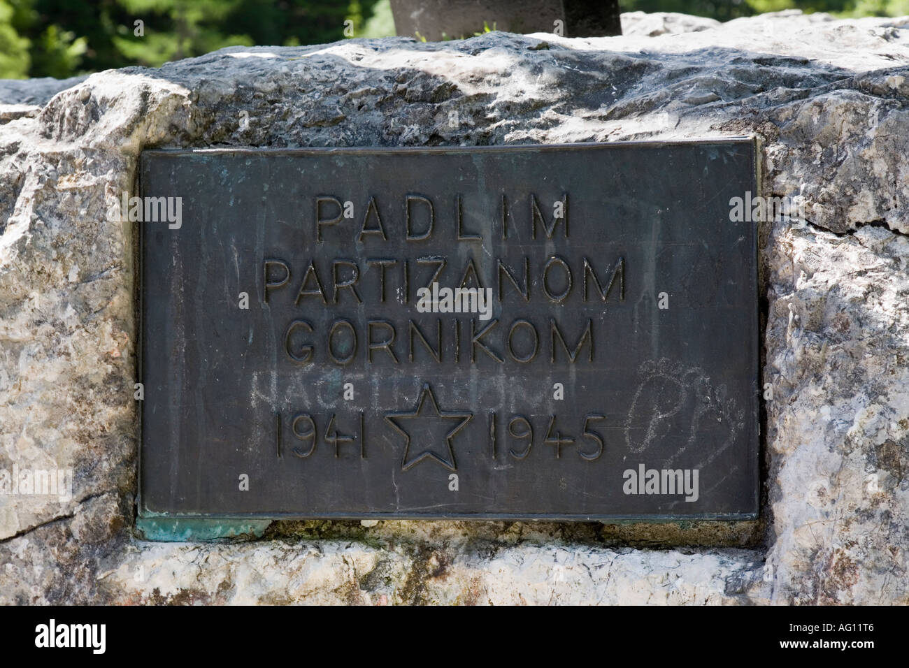 Partisans monument inscription plaque in summer in Triglav National ...