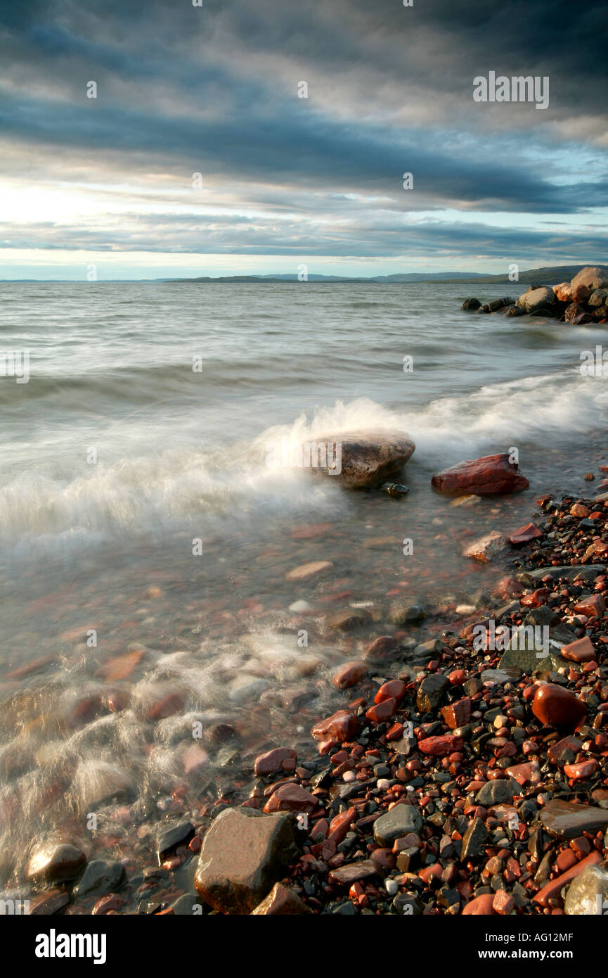 Evening at the lakeside of The Great Slave lake, at Snowdrift, in the ...