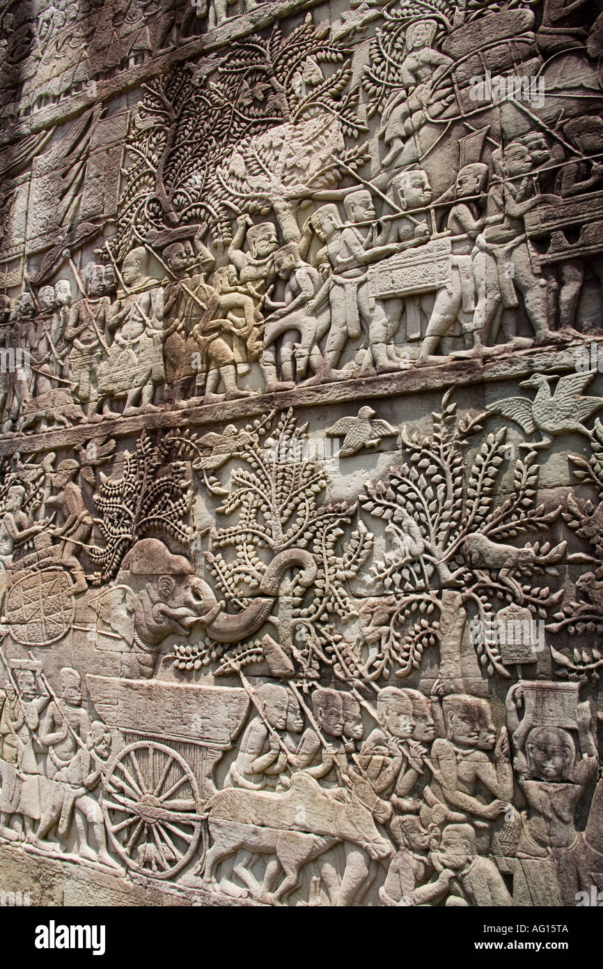 Wall carvings in the Bayon Temple near Angkor Wat in Cambodia in South ...