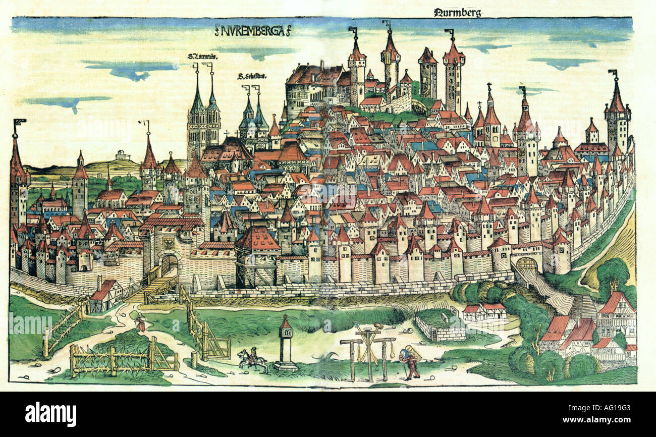 geography / travel, Germany, Nuremberg, view, coloured woodcut by ...