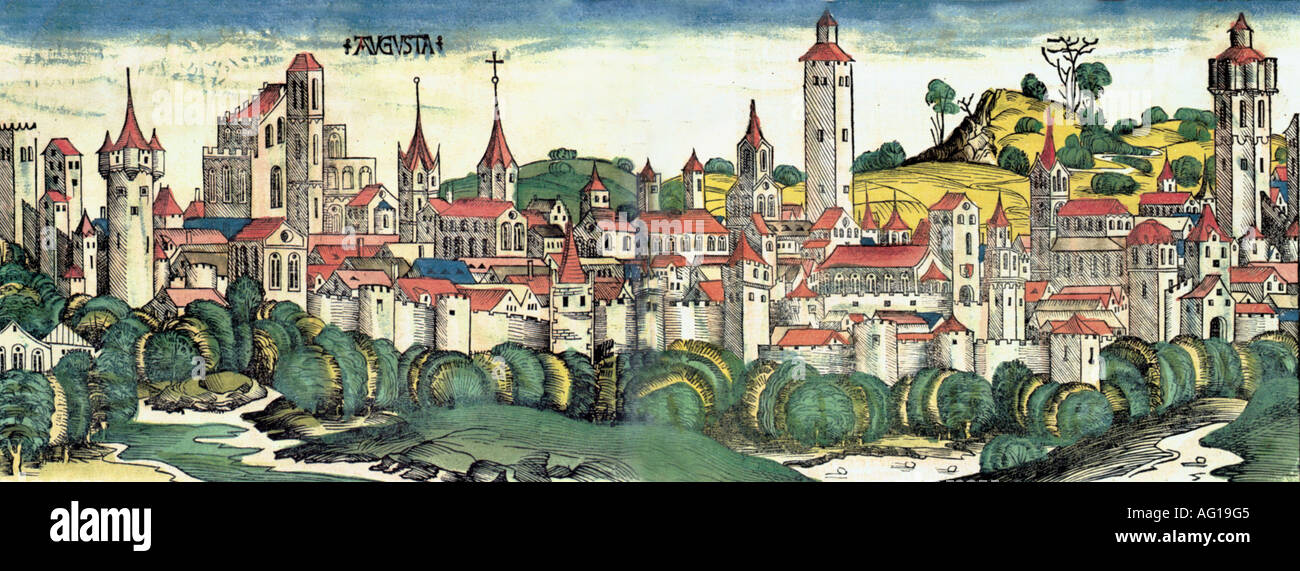 geography / travel, Germany, Augsburg, view, coloured woodcut by ...