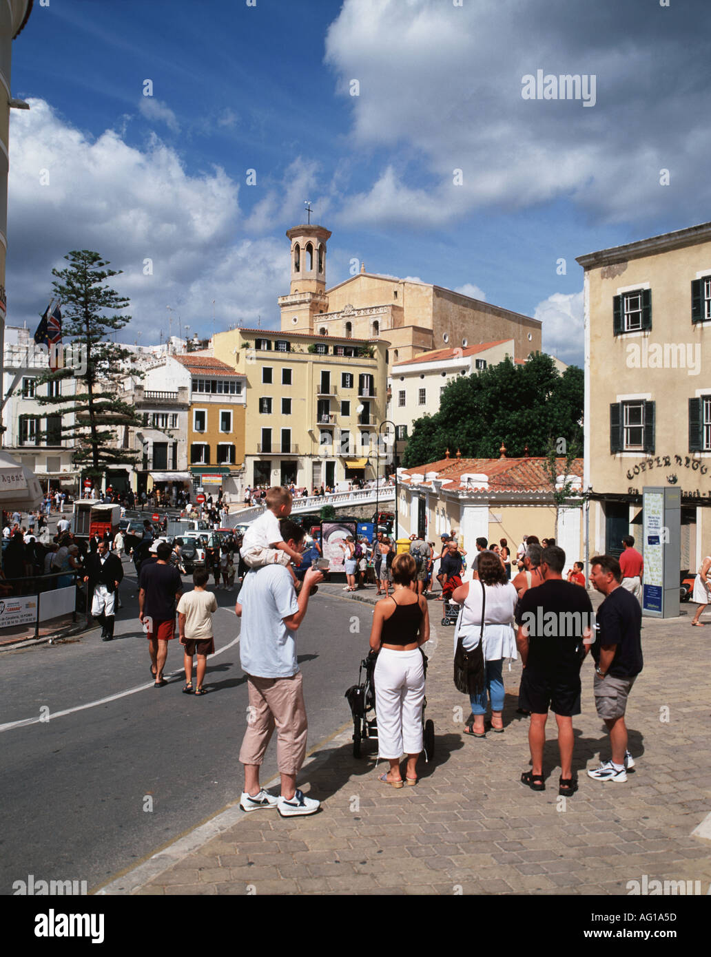 The centre of Mahón or Maó overlooked by the Iglesia Santa Maria Stock ...