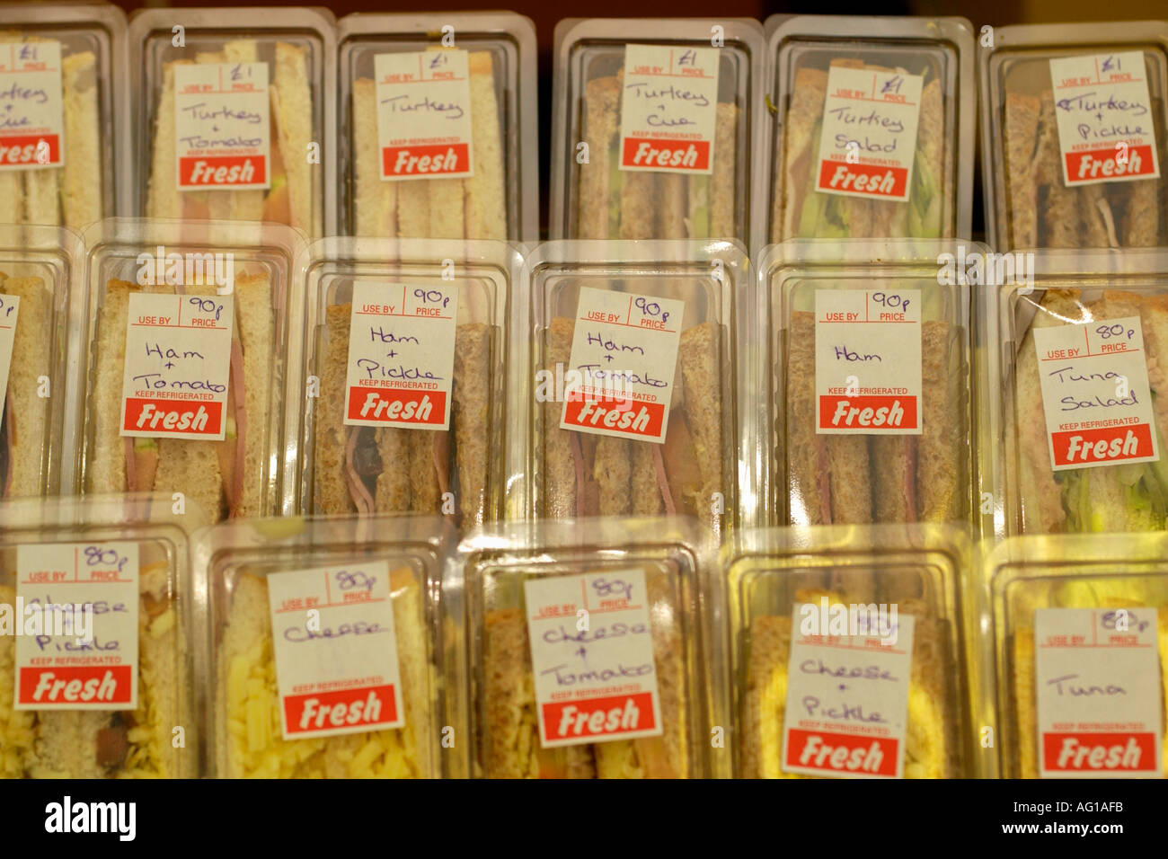 Sandwiches freshly made by the kitchen staff at a school in England ...