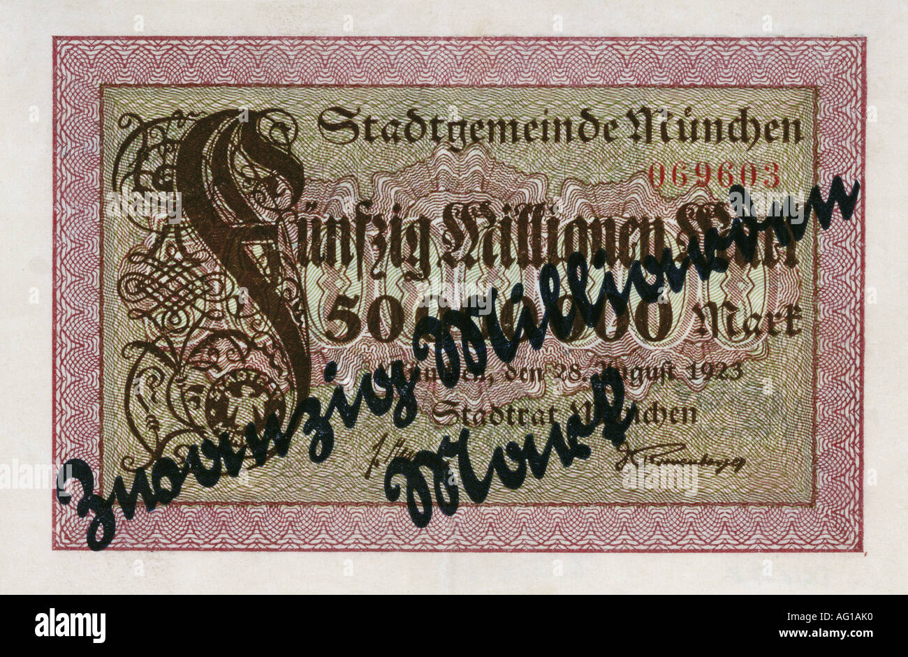 money, inflation, 50 Million Mark note with imprint 20 Billion Mark ...