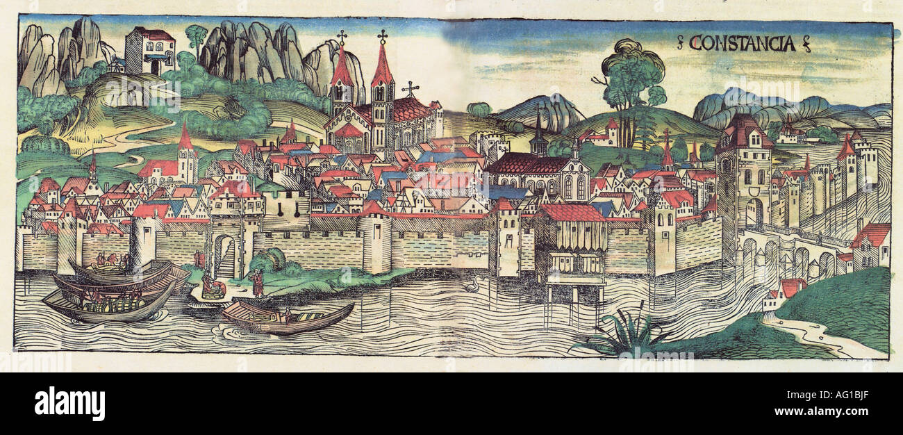 geography/travel, Germany, Constance, view, coloured woodcut by Michael ...
