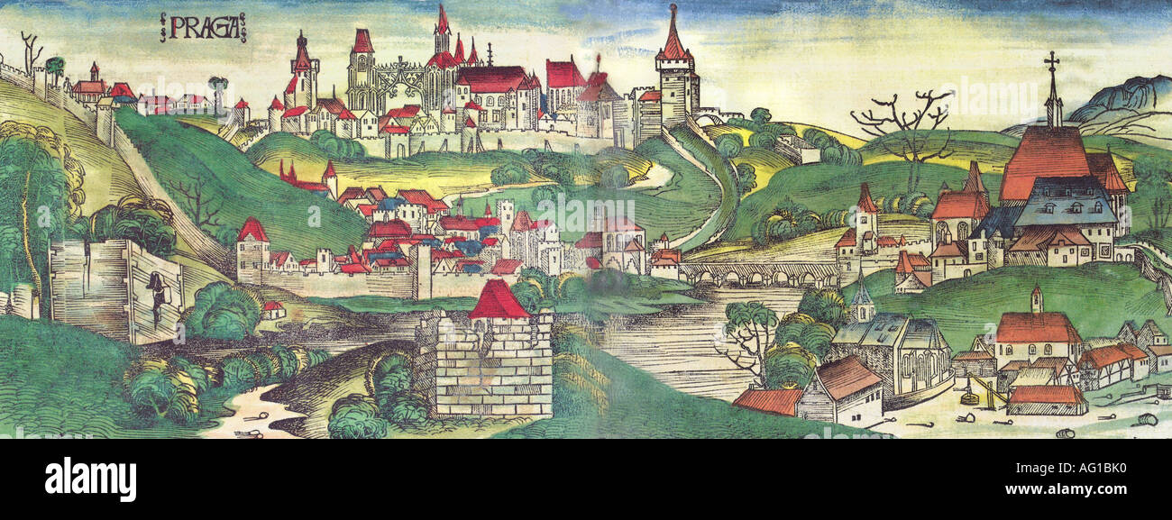 geography/travel, Czech Republic, Prague, view, coloured woodcut by ...