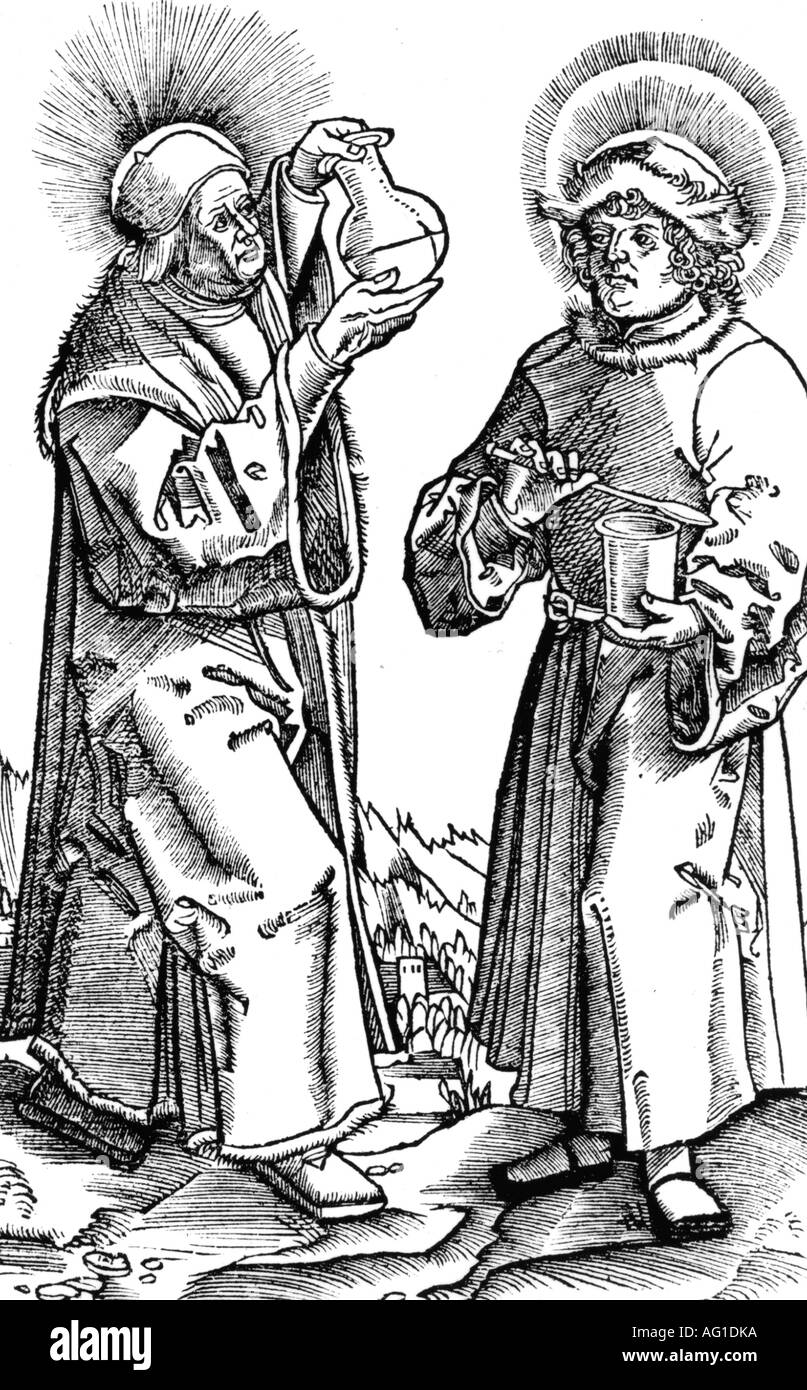 Cosmas, + 303, Saint, "Cosmas and Damian", full length, woodcut by ...