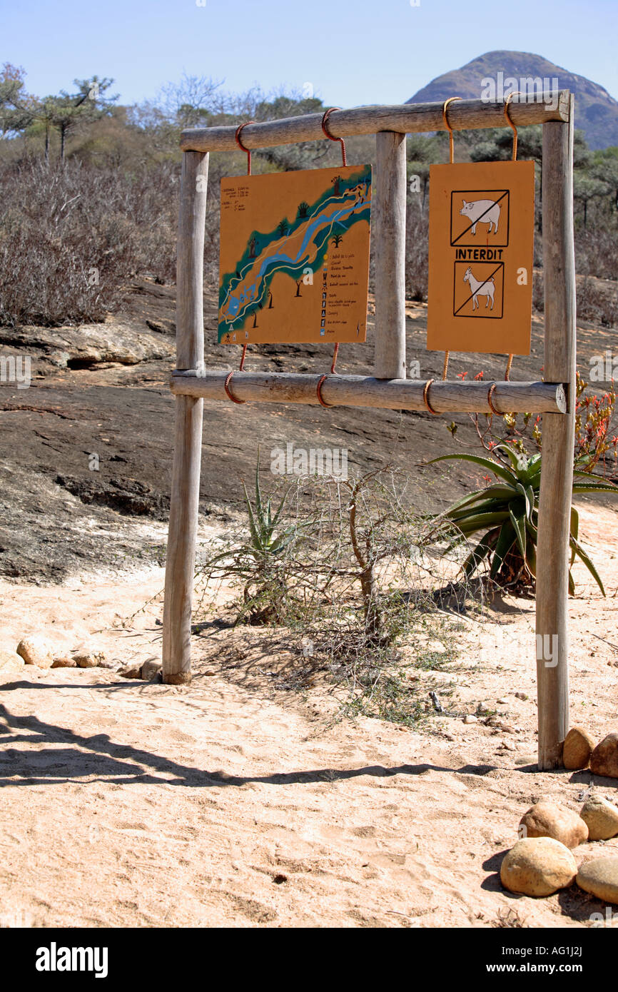 Information sign at the entrance of the Thorn forest, Andohahela ...