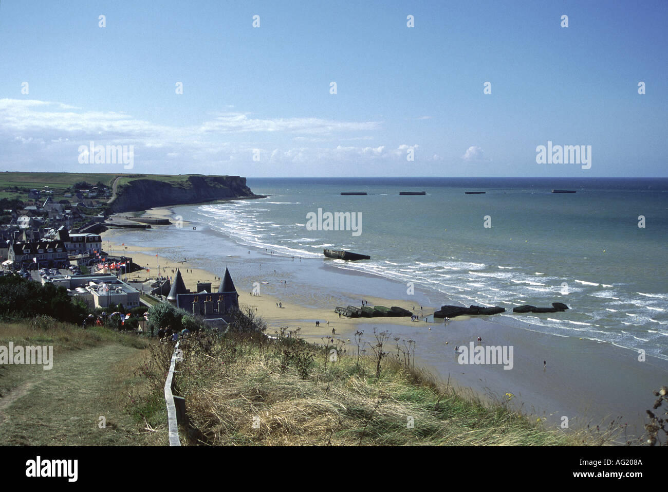 View of Arromanches and Gold Beach with the remains of the Mulberry ...