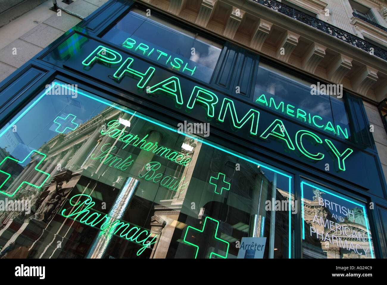 Paris chemist shop window neon signs for British and American pharmacy ...