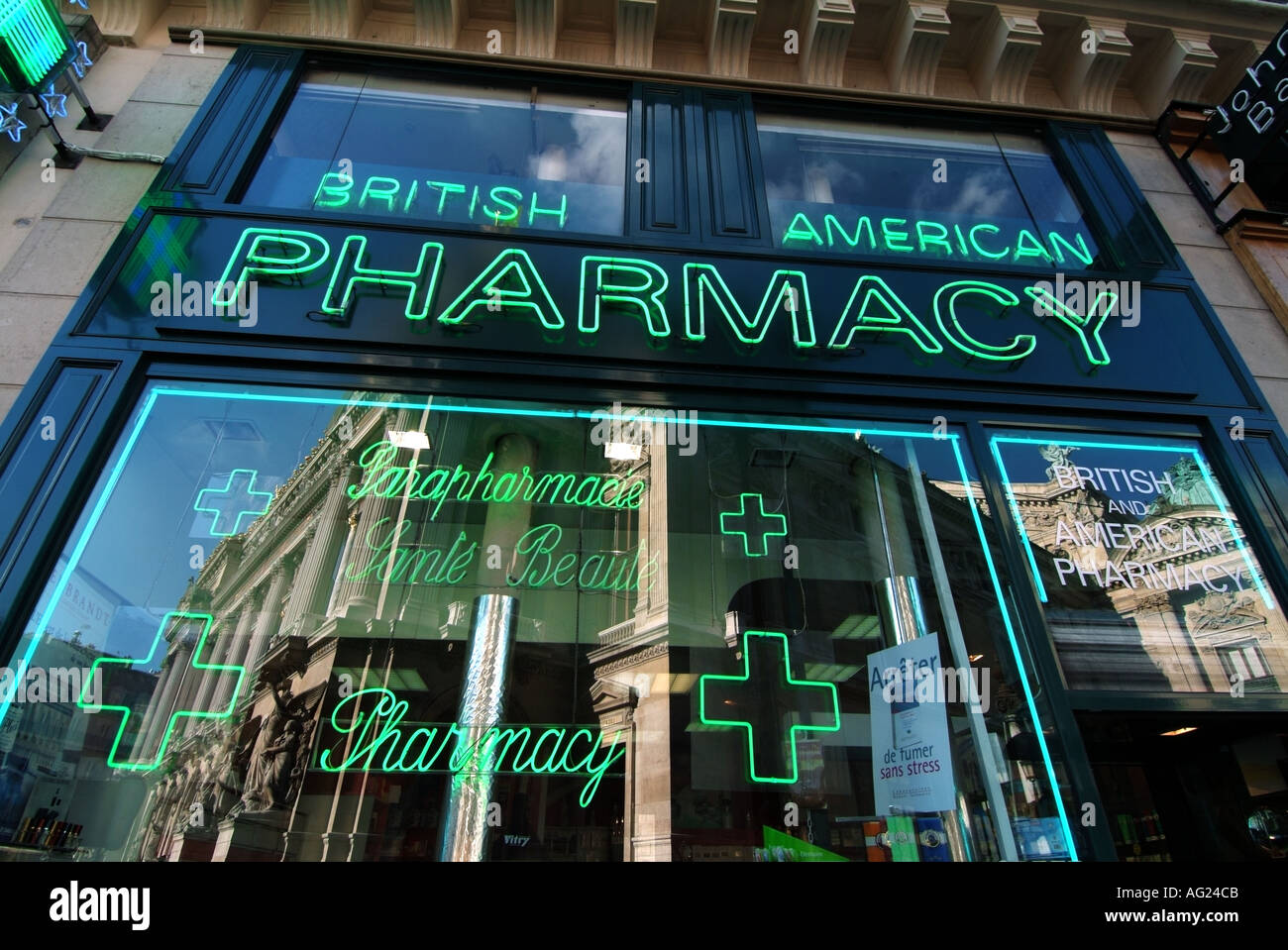 Paris chemist shop window neon signs for British and American pharmacy ...