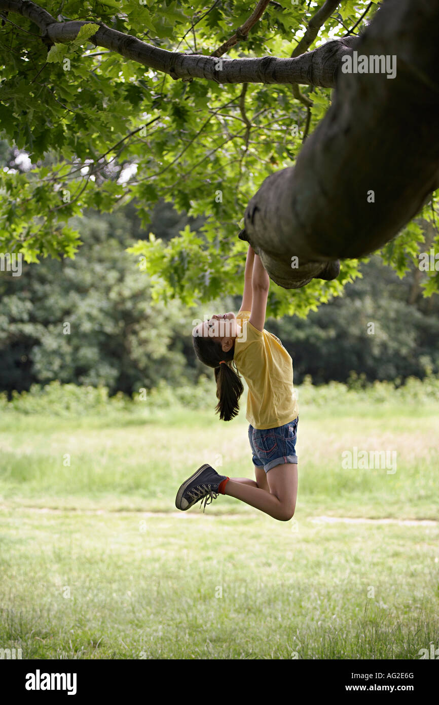 Girl (7-9) hanging from tree Stock Photo - Alamy