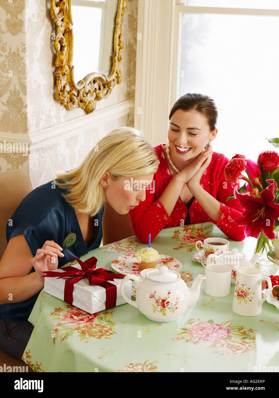 Two young women sitting at dining table, elevated view Stock Photo - Alamy
