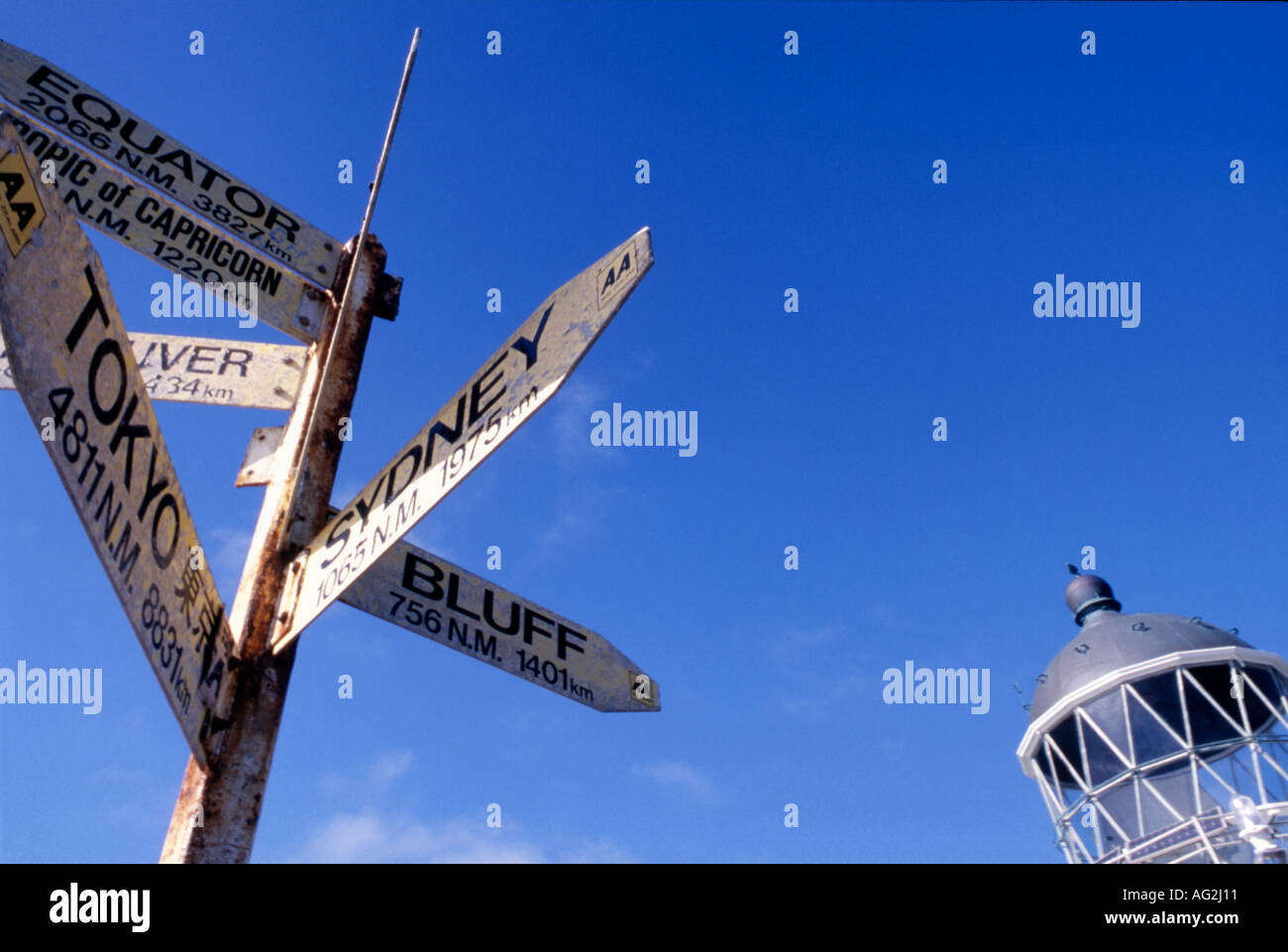 Cape Reinga Lighthouse and signpost North Island New Zealand Stock ...