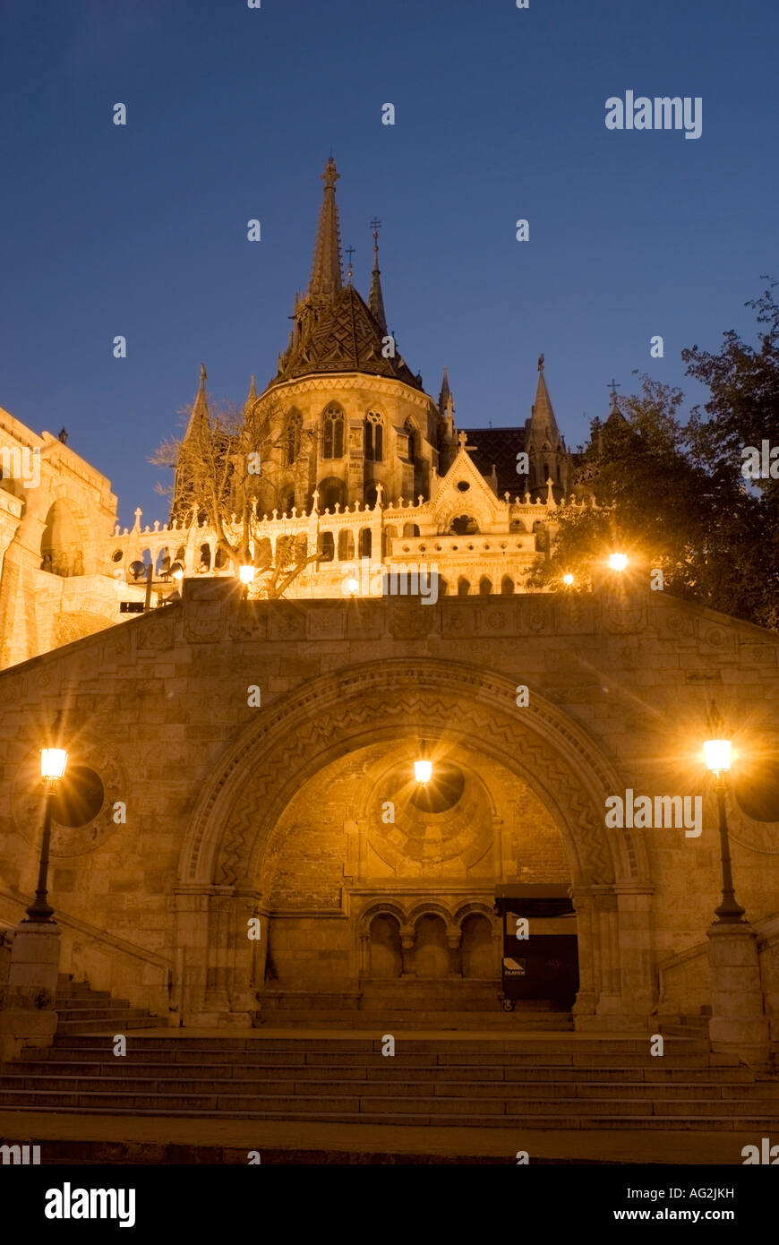 Fishermen s Bastion Halaszbastya at dusk Budapest Hungary Stock Photo ...