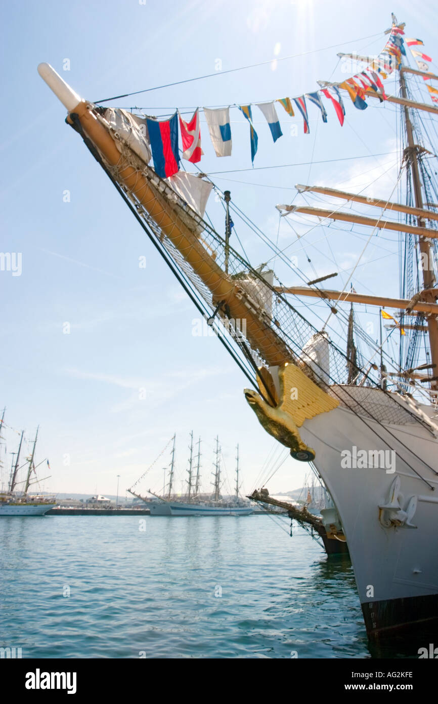 View of bow and eagle carved figurehead on US Coast Guard training ship ...