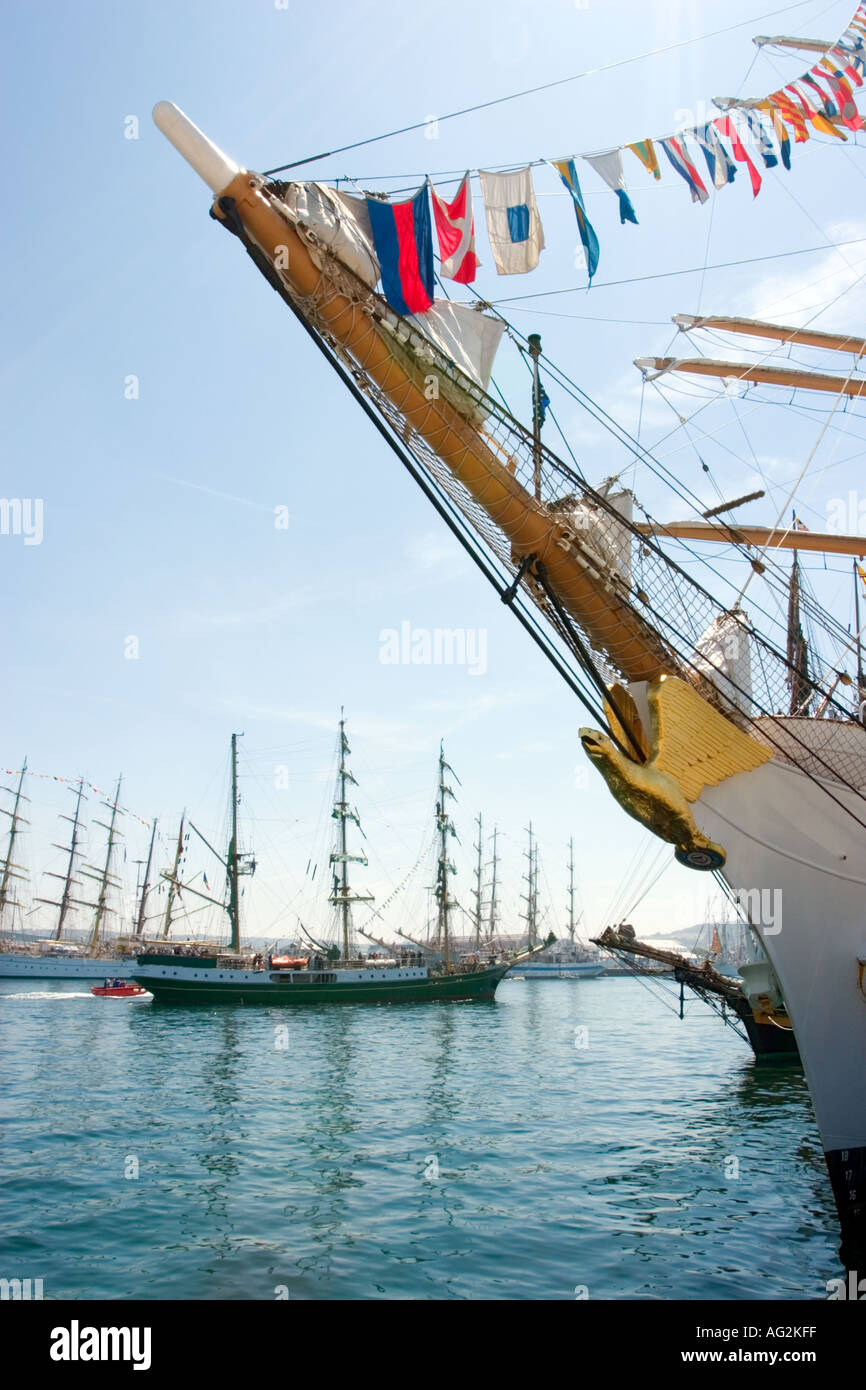View of bow and eagle carved figurehead on US Coast Guard training ship ...