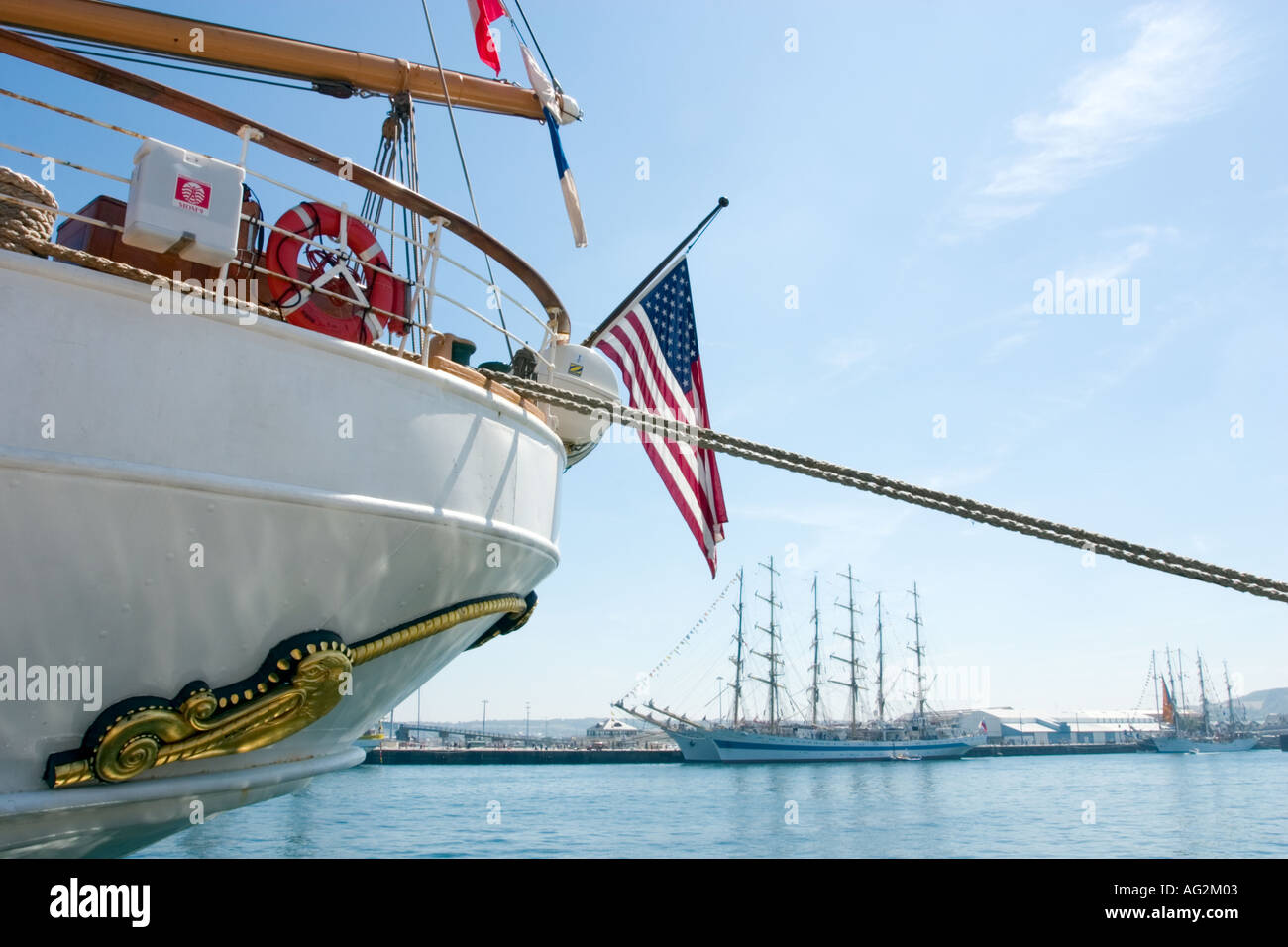 View of stern of US Coast Guard training ship Eagle docked in Cherbourg ...