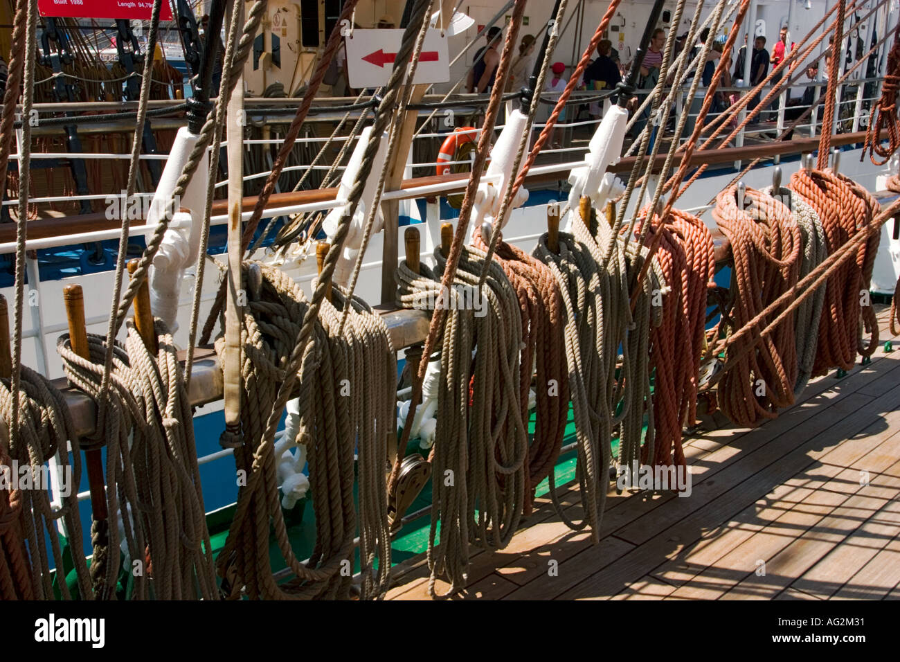 Tied off rigging lines aboard vessel visiting Cherbourg Cherborg during ...