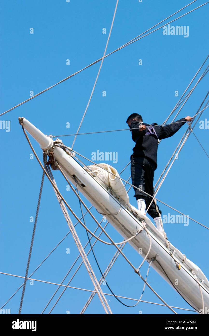 Crew members display on masts and sails of Indian Navy training ship ...