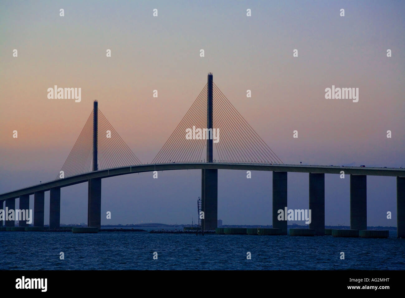 Sunshine Skyway Bridge over Tampa Bay in Florida at dusk Stock Photo ...