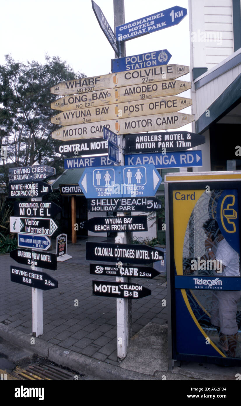 Heavily laden signpost Coromandel Township Coromandel Peninsula New ...