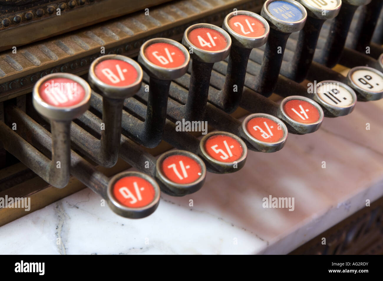 Old fashioned cash till showing shillings and pence on numbered keys ...