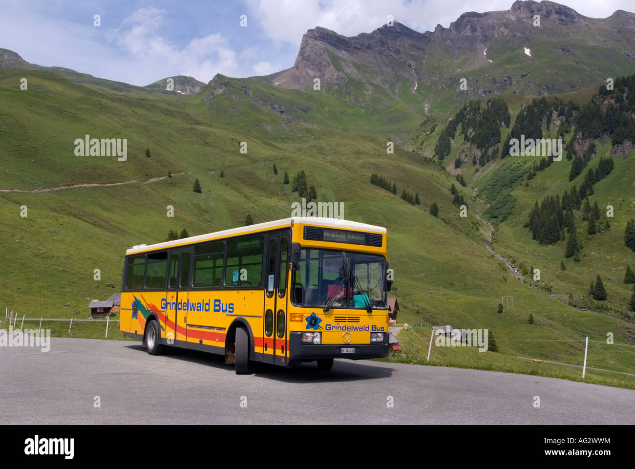 swiss post bus at bussalp Stock Photo - Alamy