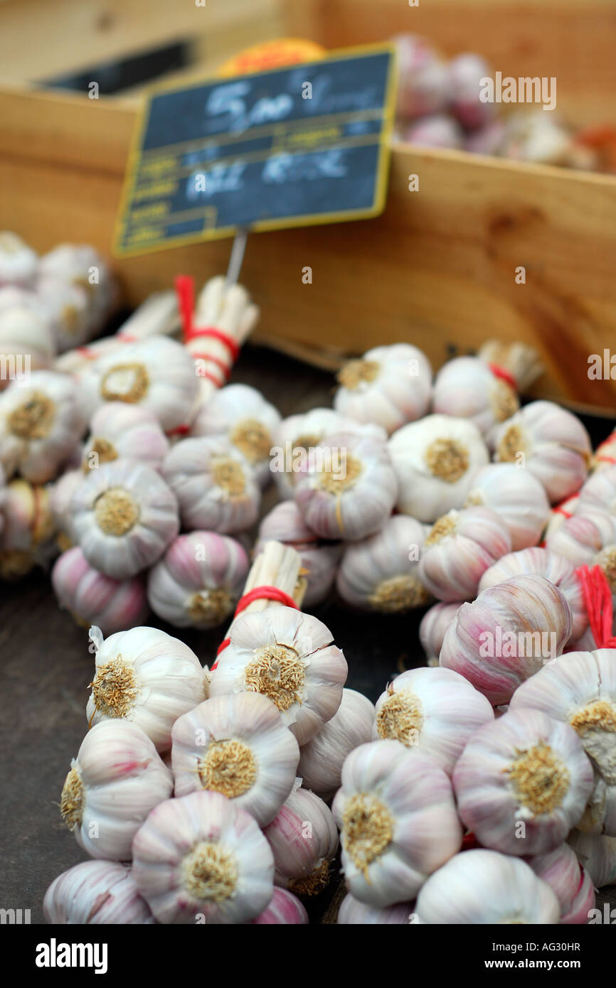 Bunches of garlic for sale at a market stall in France, Europe Stock ...