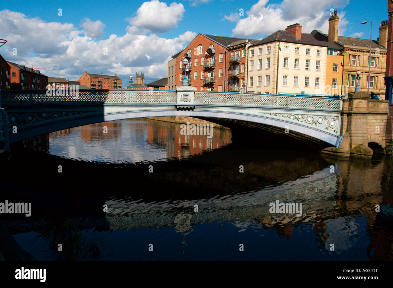 Leeds Bridge and apartment buildings along the River Aire Leeds UK ...