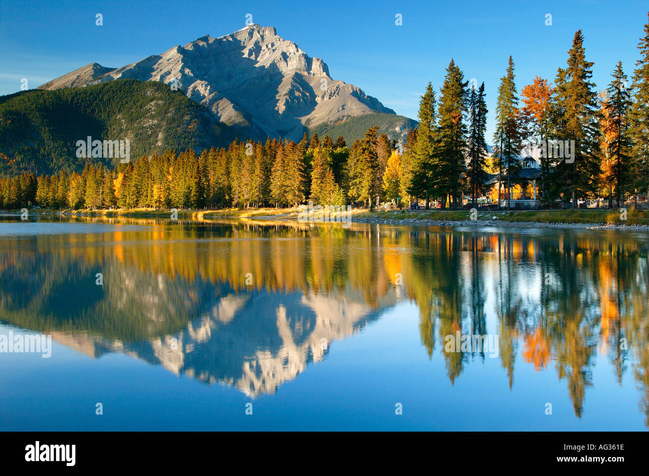 The Bow River flows through the town of Banff with Cascade Mountain in ...