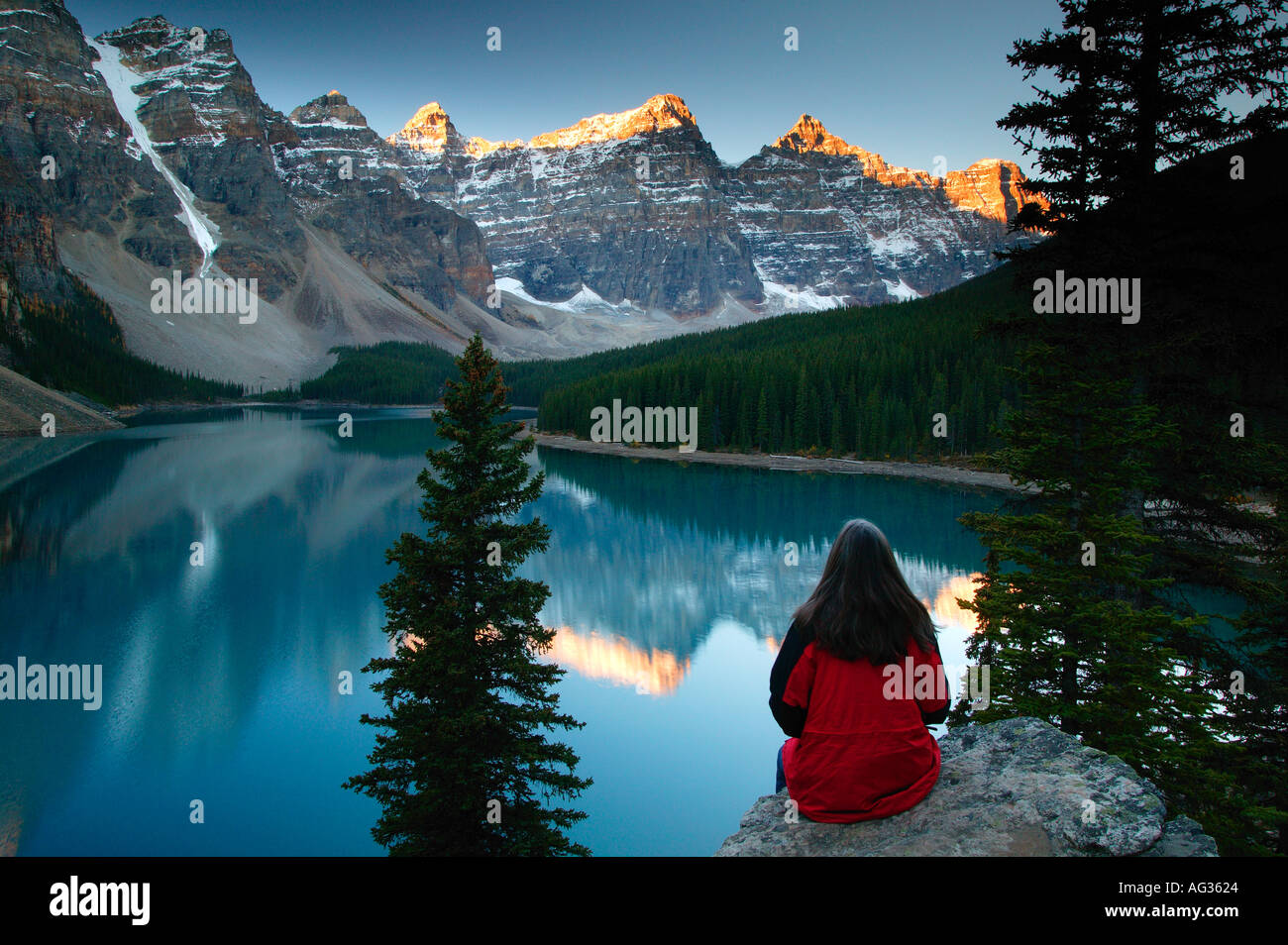 Visitor views Moraine Lake and the Valley of the Ten Peaks Banff National Park Alberta Canada ...