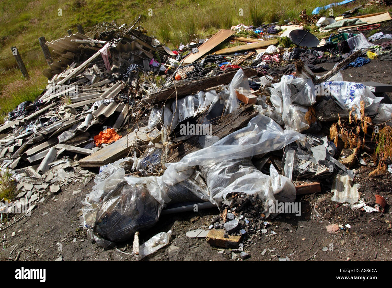 Fly tipping rubbish including asbestos sheets dumped on the side of a ...