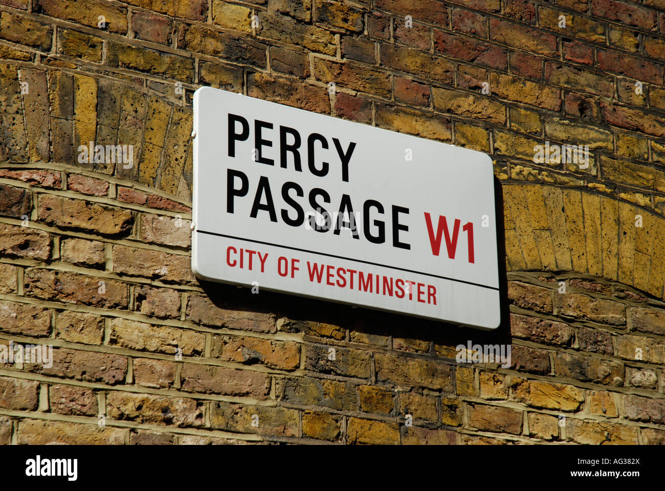 Percy Passage W1 London City of Westminster street sign on brick wall ...