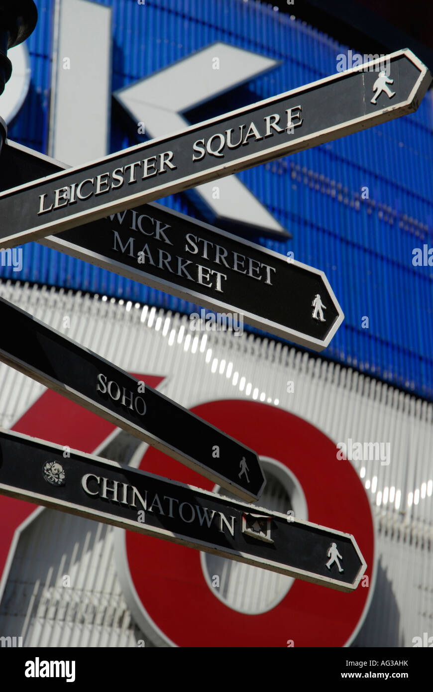 Pedestrian signposts against advertisements in Piccadilly Circus London ...