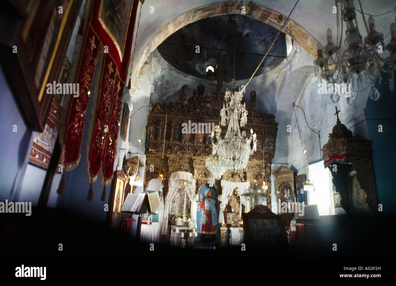 Samos Greece Inside Monastery Showing Iconostatis and Chandelier Stock ...