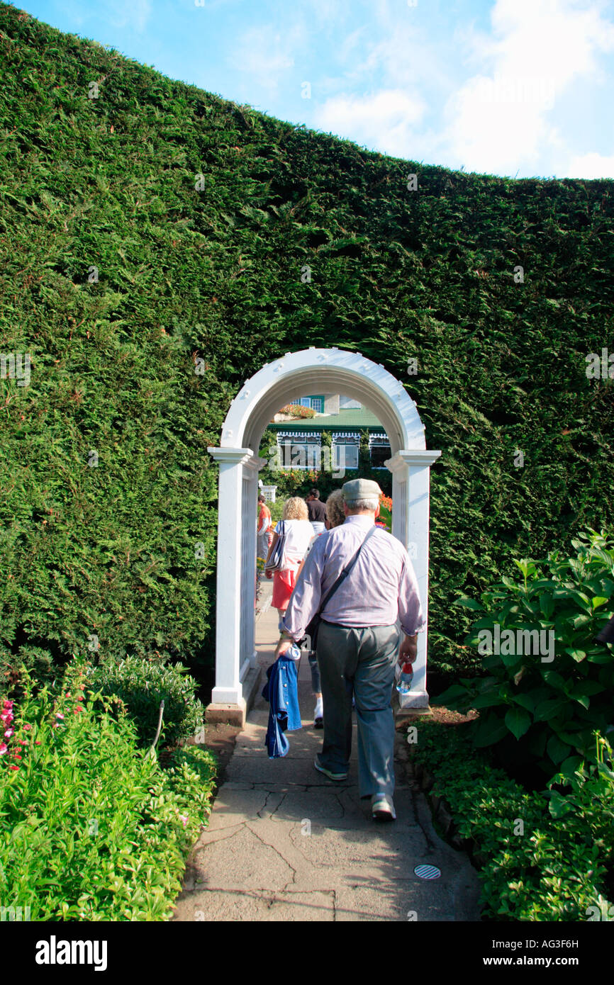 people going through hedged doorway Stock Photo - Alamy