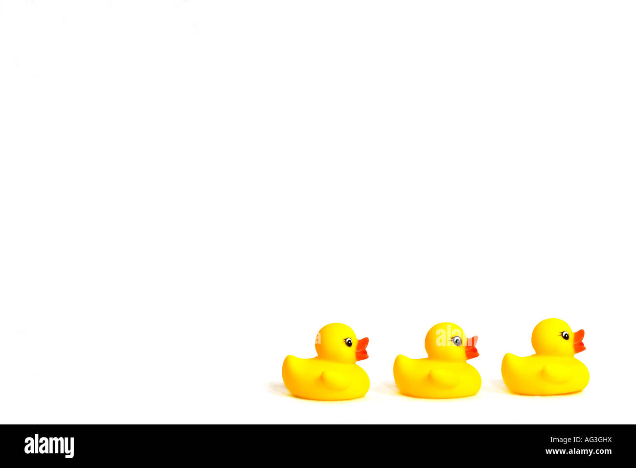 Three yellow rubber ducks in a row Stock Photo - Alamy