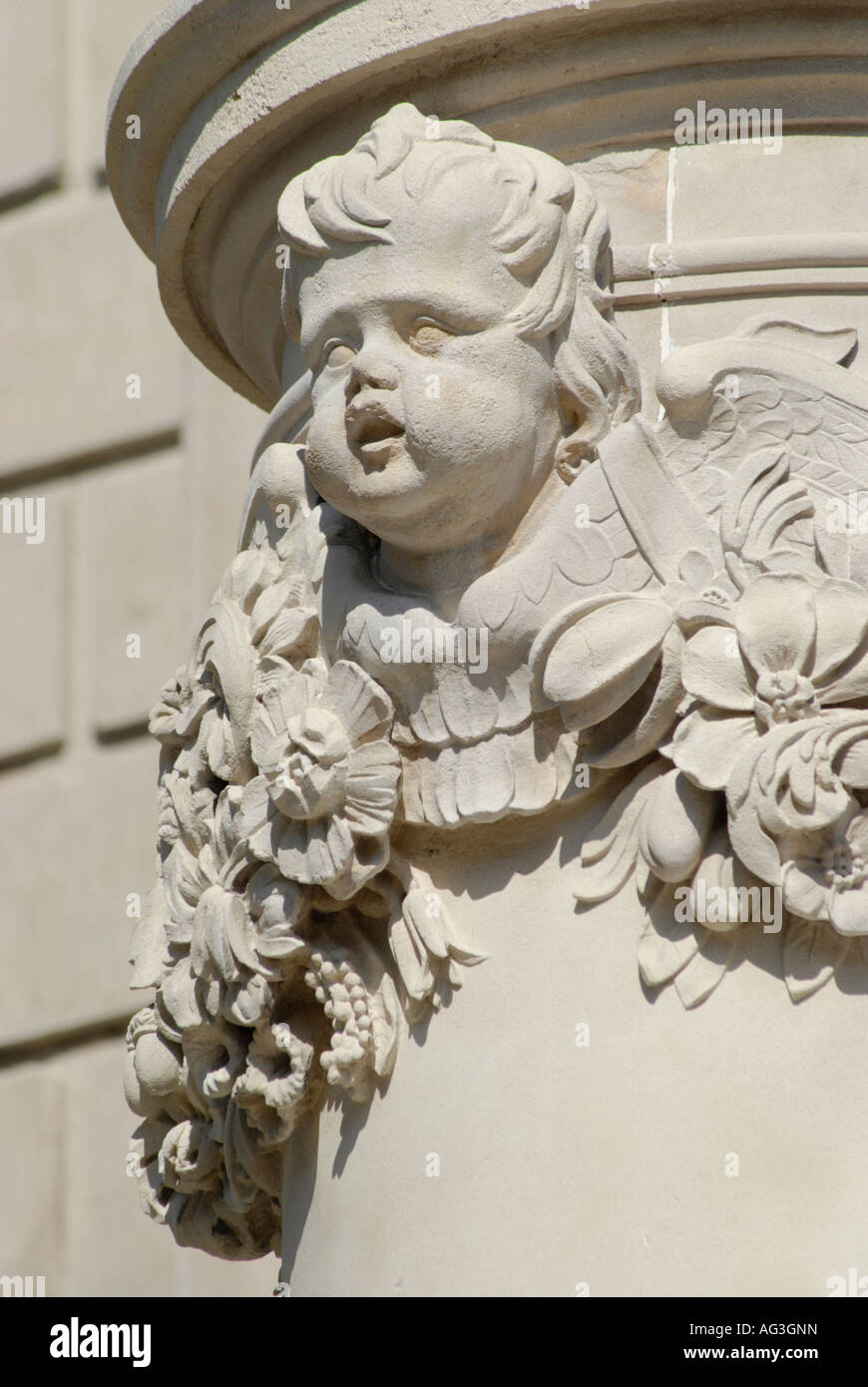 Close up of carving of Cherub on recently restored exterior of St Paul ...