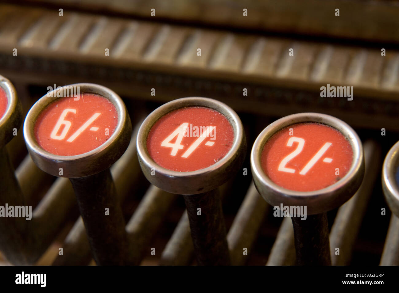 Old fashioned cash till showing shillings and pence on numbered keys ...