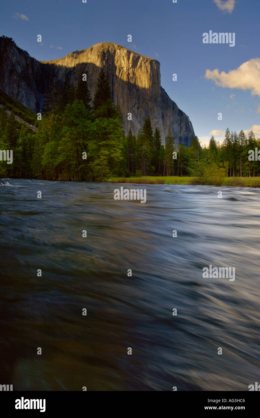 Sunset light on El Capitan over the Merced River is spring Yosemite ...