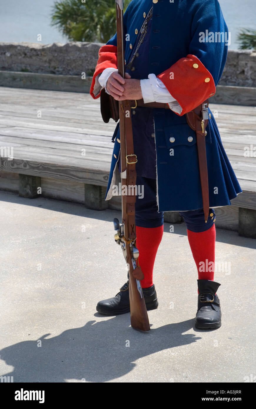 Reenactor prepares to fire flintlock rifles, St. Augustine, Florida ...