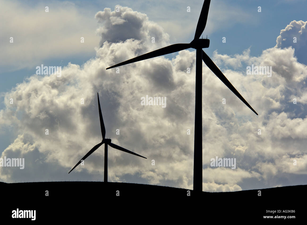 Power generating windmills in wind farm fields below dark grey ...