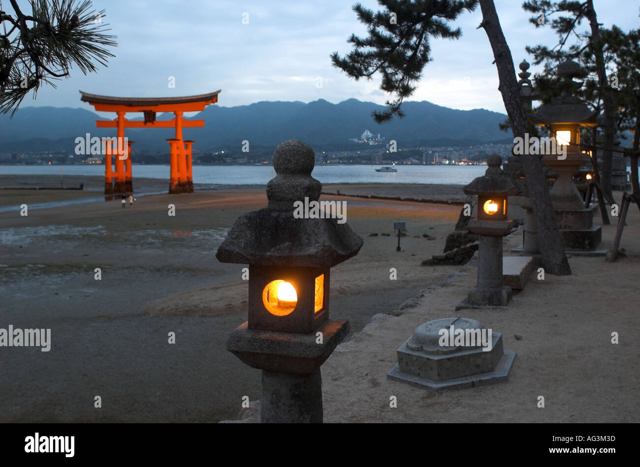 view of lit lantern and red Torii gate in Japan Stock Photo - Alamy